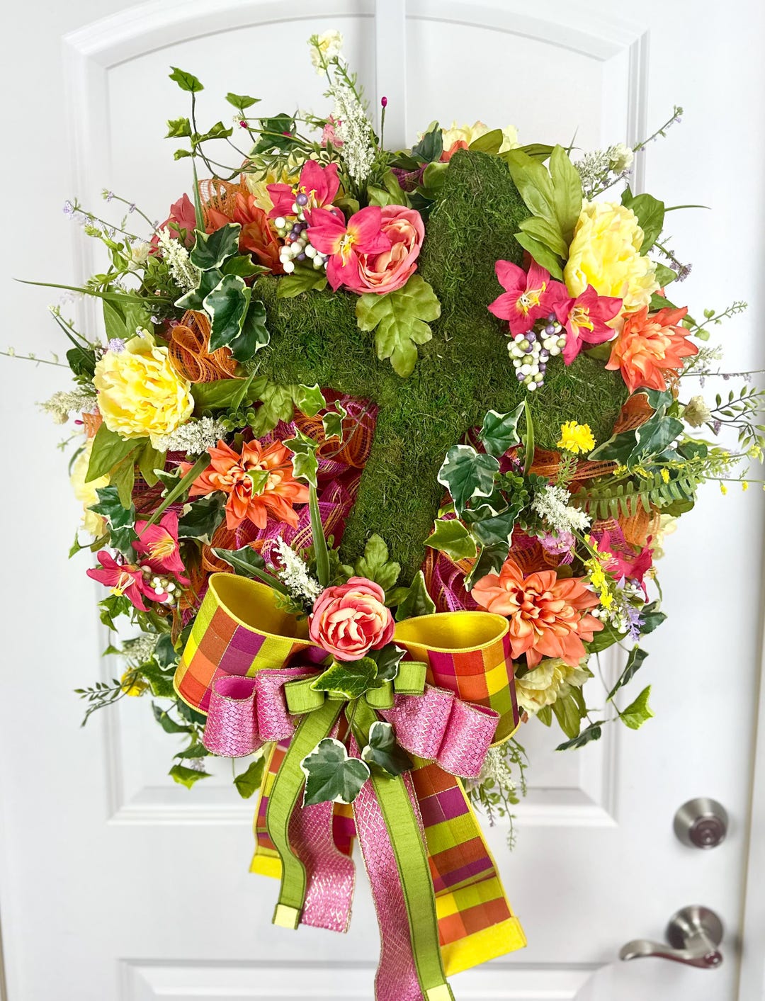 Summer Moss Cross Wreath, Base of Pine Filled With Mesh, Bright Florals ...