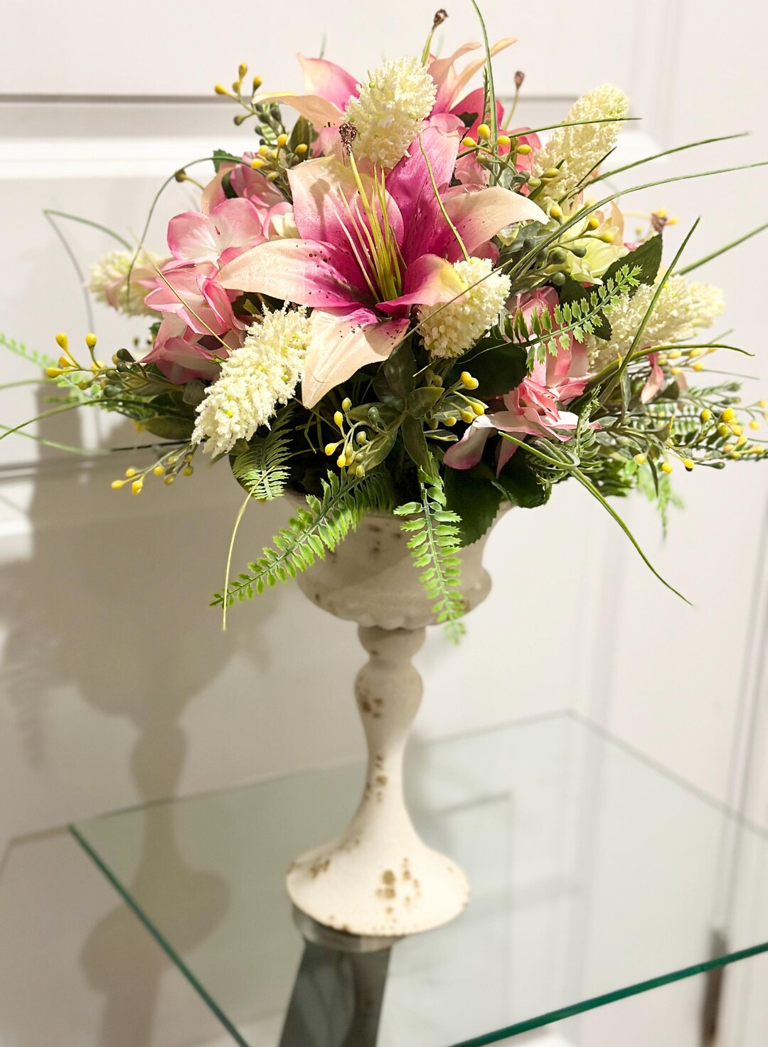 Spring or Summer Pedestal Centerpiece Featuring Lilies in Shades of ...