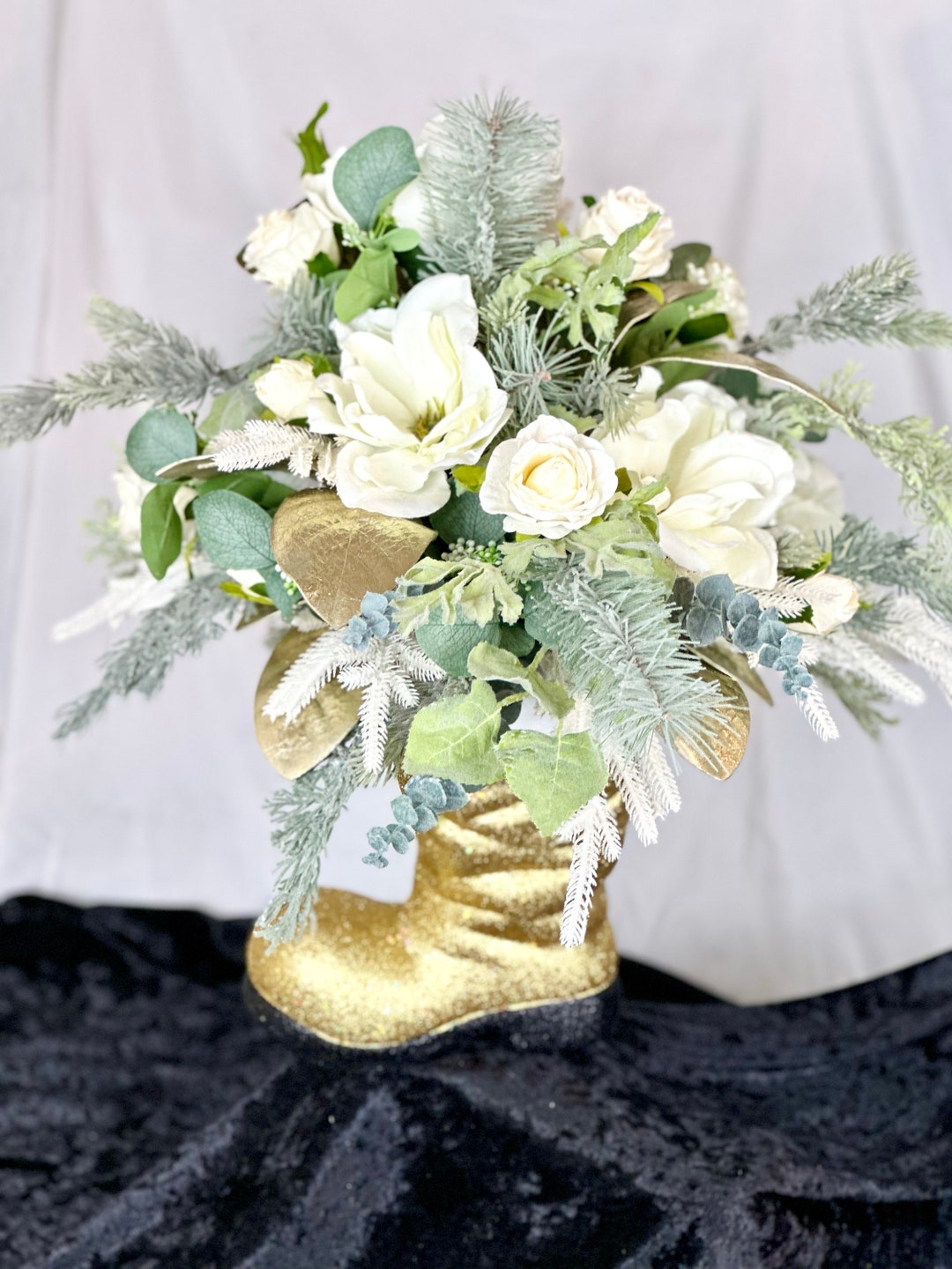 Large Christmas Santa Boot Centerpiece Full of Seasonal Foliage Flocked ...