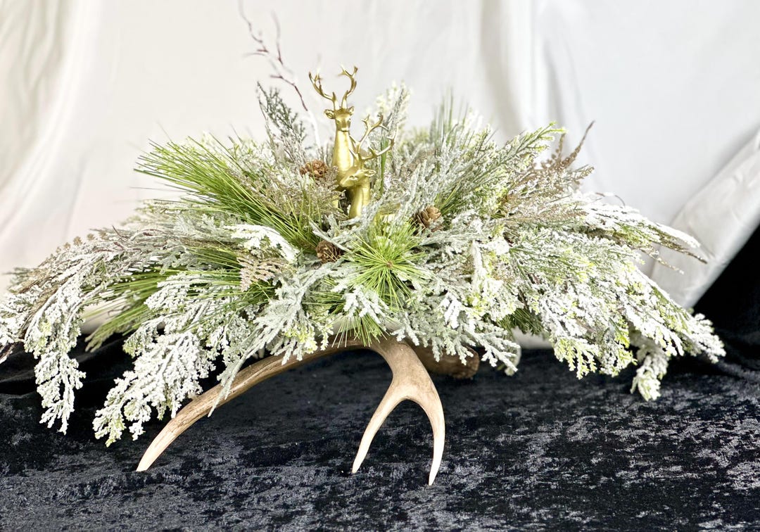 Rustic Deer Antler Centerpiece: Flocked Evergreen & Brass Stags - Etsy