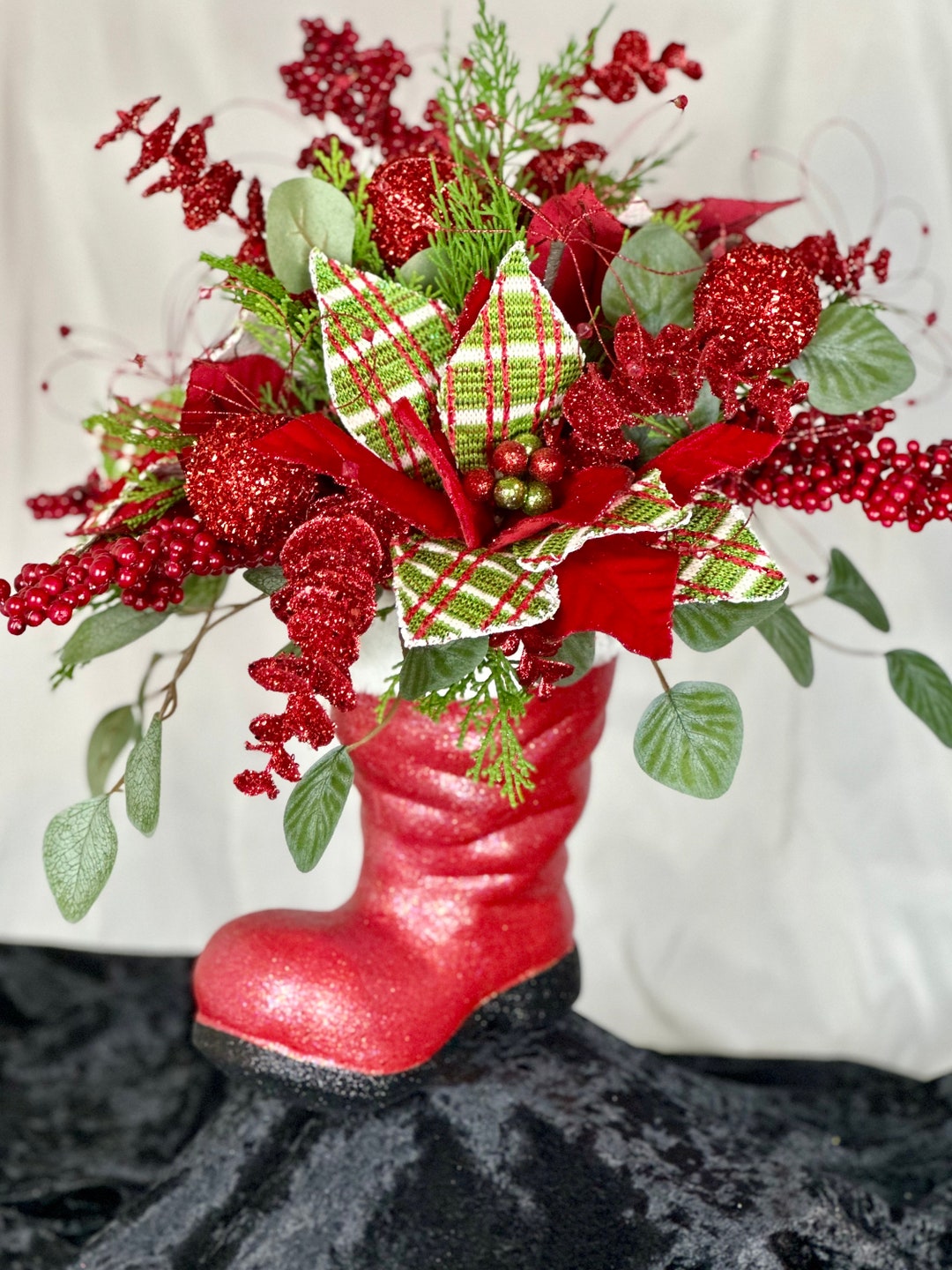 Santa Boot Christmas Centerpiece: Glittery Holiday Floral Table Decor ...