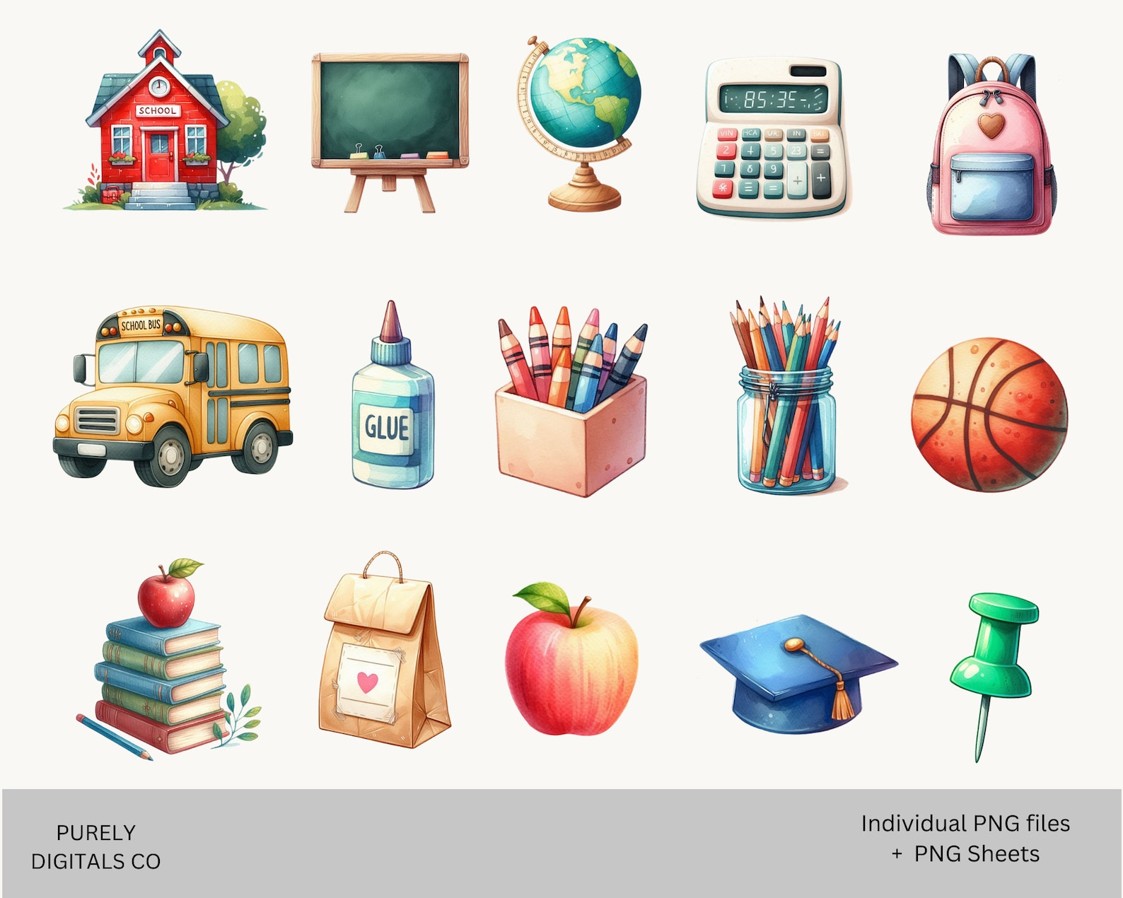 Back to School Watercolor Clipart Set, Cute School Supplies Digital ...