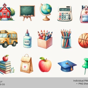 Back to School Watercolor Clipart Set, Cute School Supplies Digital ...