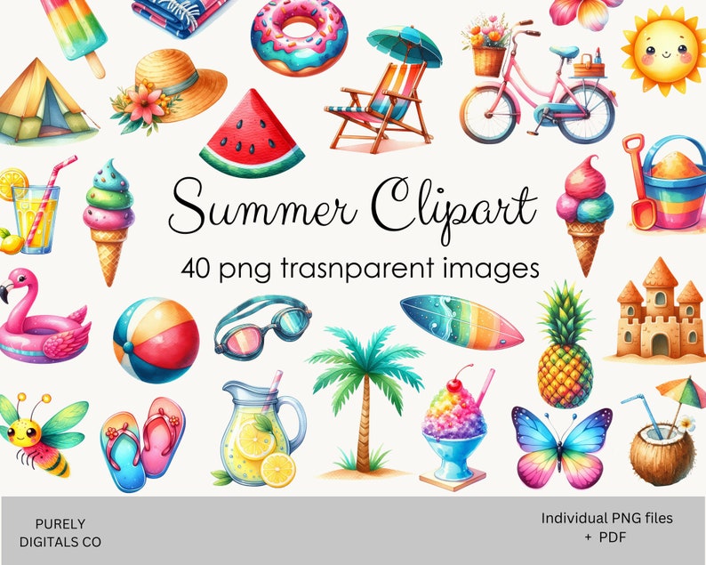 Summer Watercolor Clipart, Seasonal Digital Stickers, Scrapbooking ...