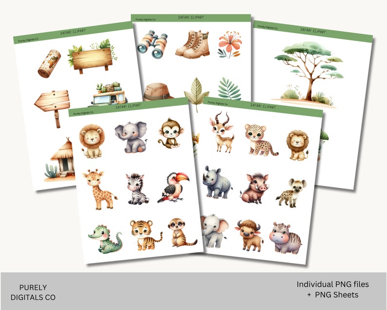 Safari Animals Watercolor Clipart, Digital Stickers, Scrapbook Supplies ...