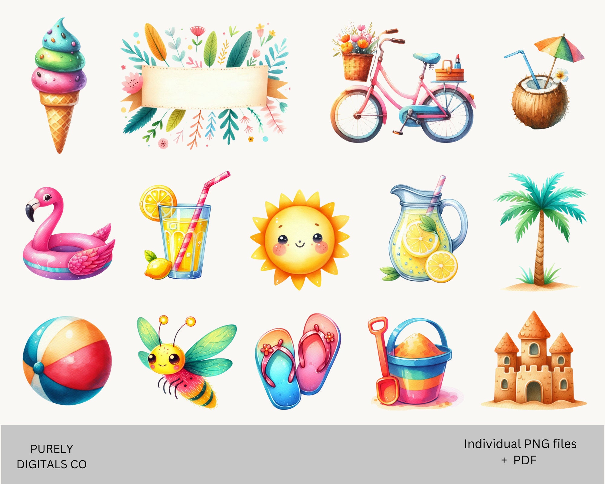 Summer Watercolor Clipart, Seasonal Digital Stickers, Scrapbooking ...