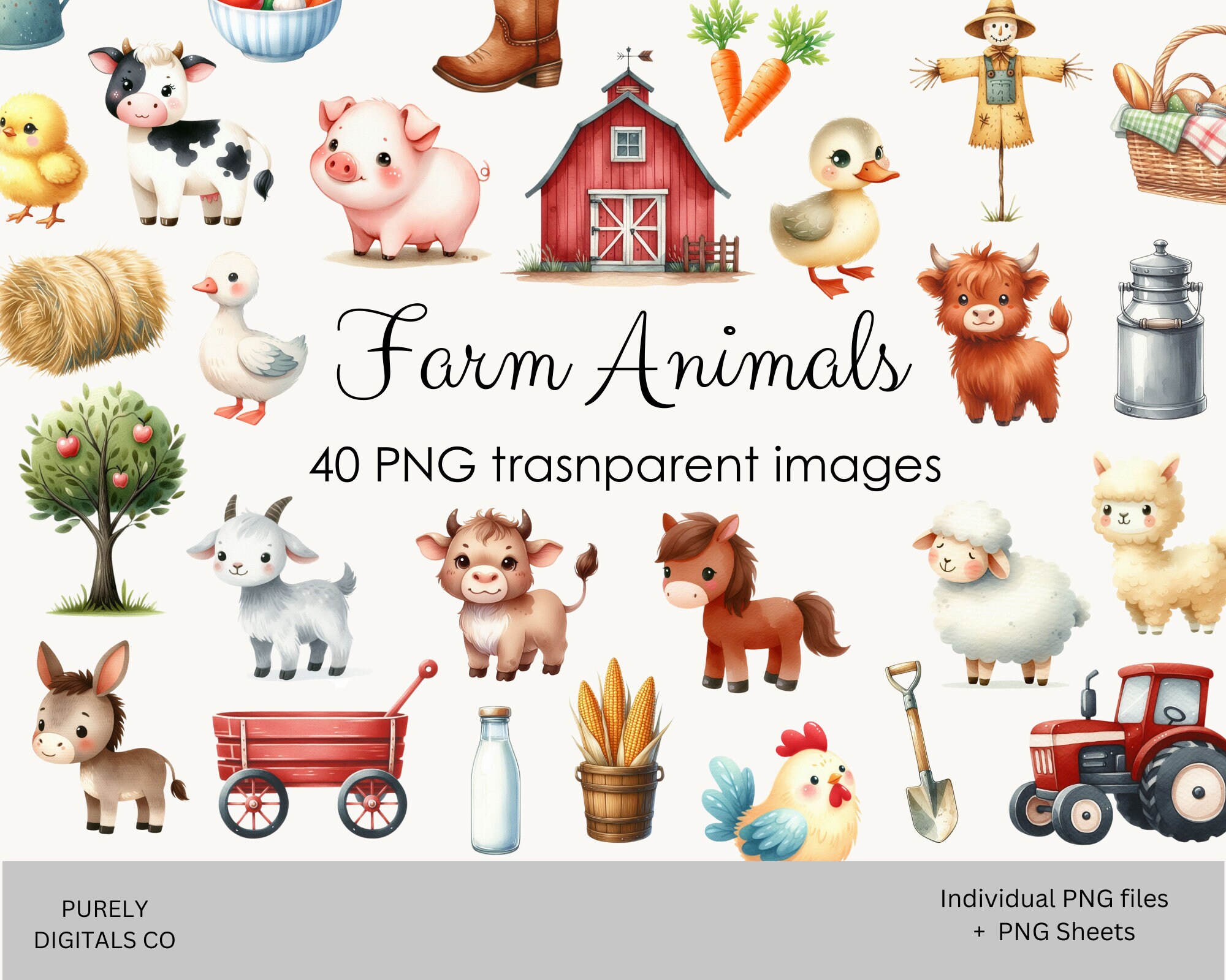 Cute Farm Animal Clipart, Watercolor Png Images, Barnyard Digital Clip ...