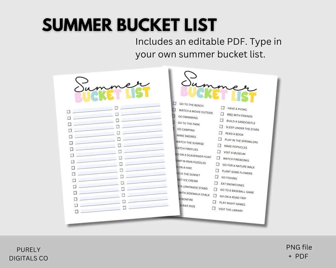 Editable Summer Bucket List, Printable Summer Kid Activities, Family ...