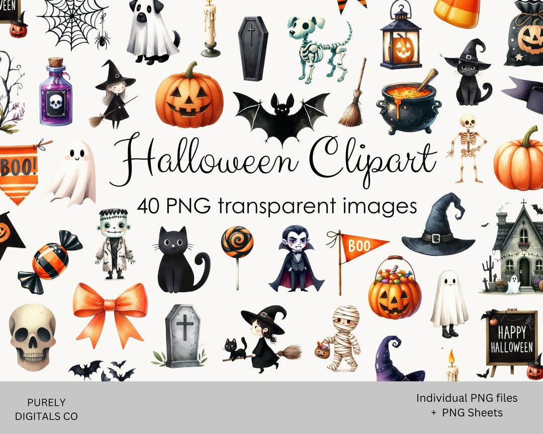 Cute Halloween Clipart, Watercolor Png Images, Witch Ghost Pumpkin Cat ...