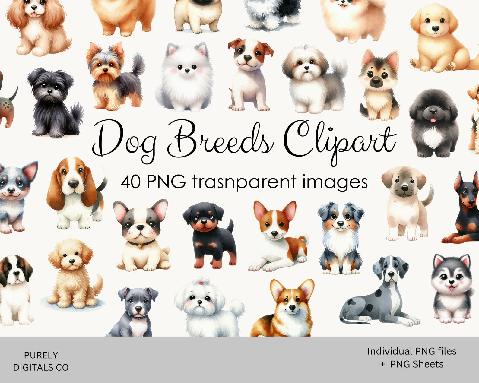 Dog Breeds Clipart, Watercolor Puppy Clip Art, Cute Dog Png Images, Pet ...