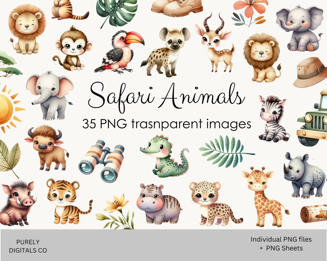 Safari Animals Watercolor Clipart, Digital Stickers, Scrapbook Supplies ...