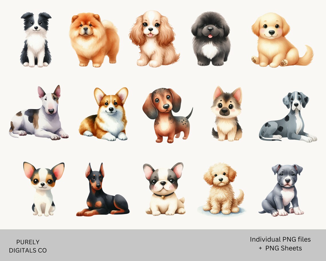 Dog Breeds Clipart, Watercolor Puppy Clip Art, Cute Dog Png Images, Pet ...