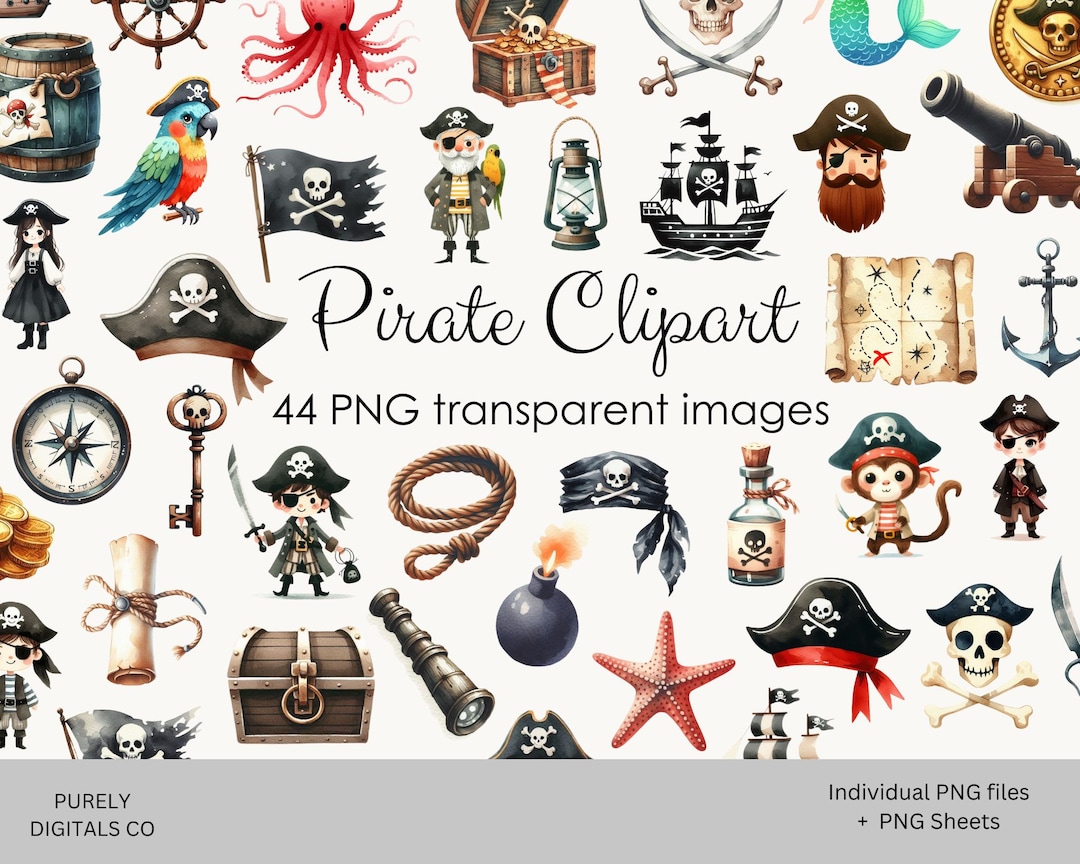 Cute Pirate Clipart, Watercolor Png Images, Pirate Ship Digital Clip ...
