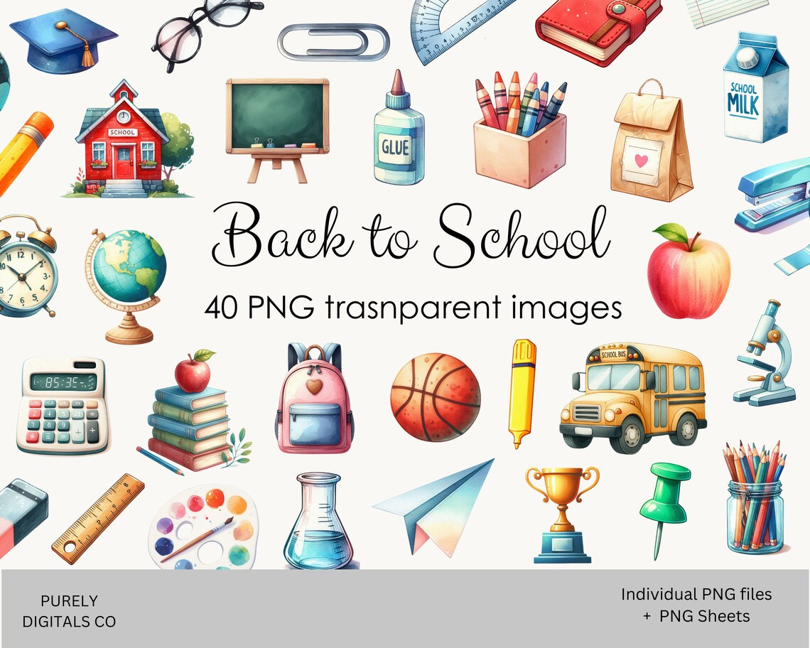 Back to School Watercolor Clipart Set, Cute School Supplies Digital ...