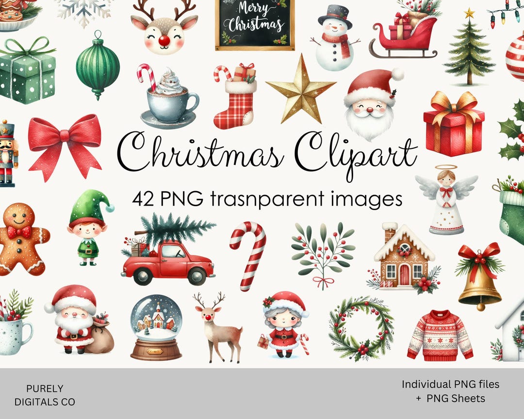 Cute Christmas Clipart, Watercolor Png Images, Holiday Season Digital ...