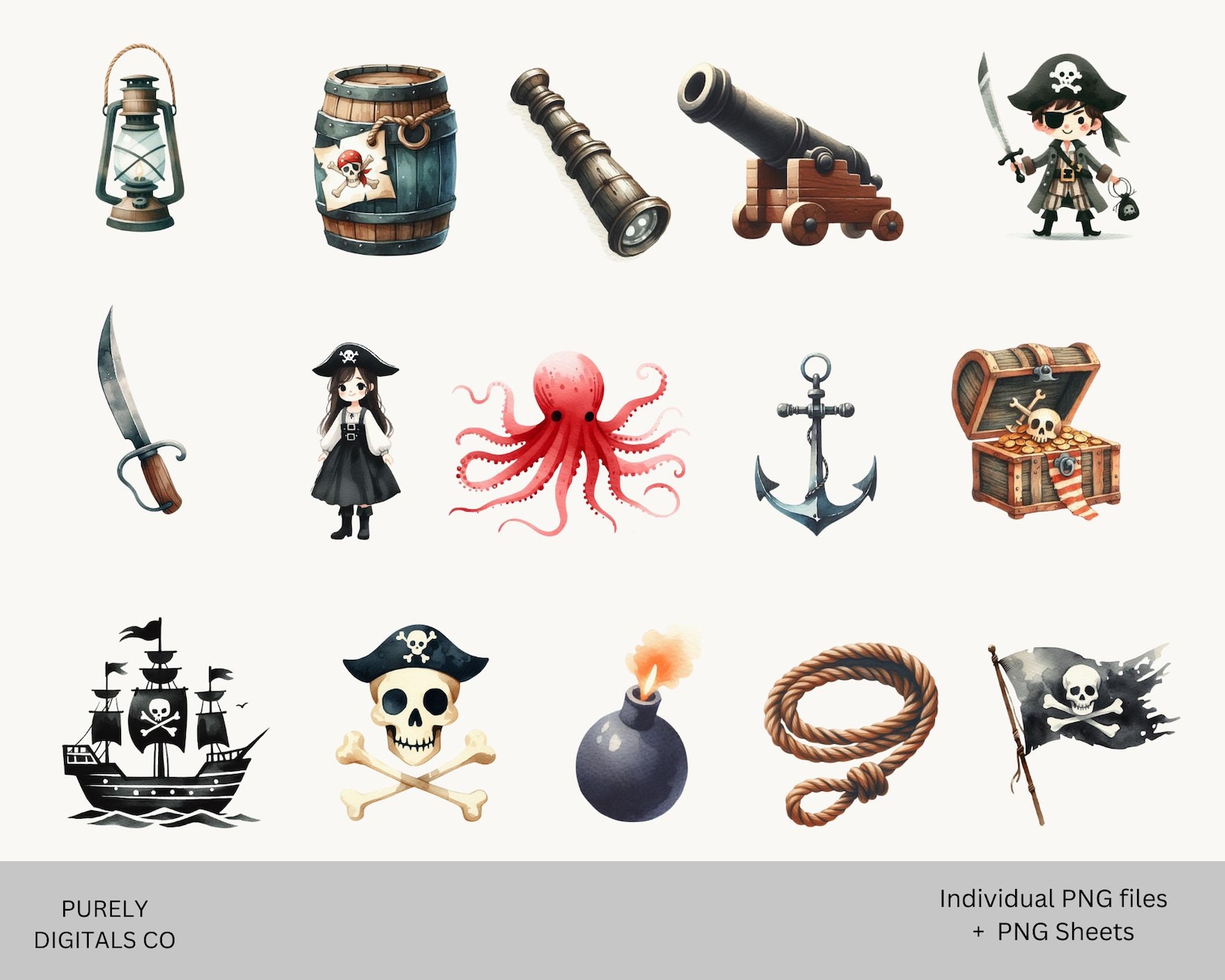 Cute Pirate Clipart, Watercolor Png Images, Pirate Ship Digital Clip ...