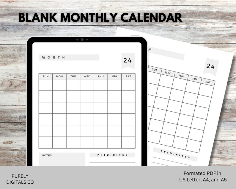 Blank Monthly Printable Calendar, Planner Inserts, Desk Calendar ...