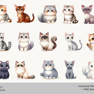 Cat Breeds Clipart, Cute Watercolor Png Images, Kitten Digital Stickers ...
