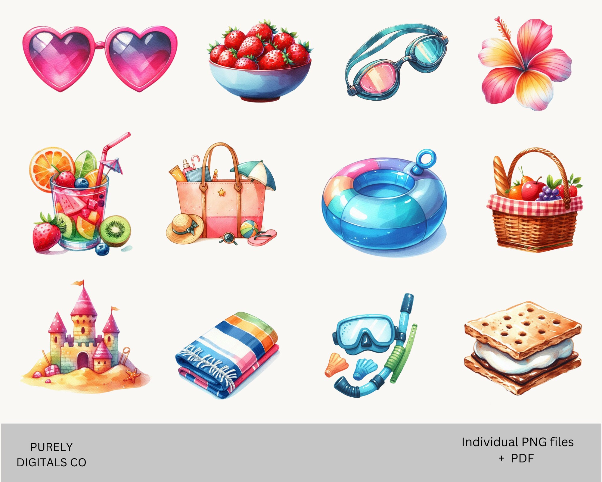Summer Watercolor Clipart, Seasonal Digital Stickers, Scrapbooking ...
