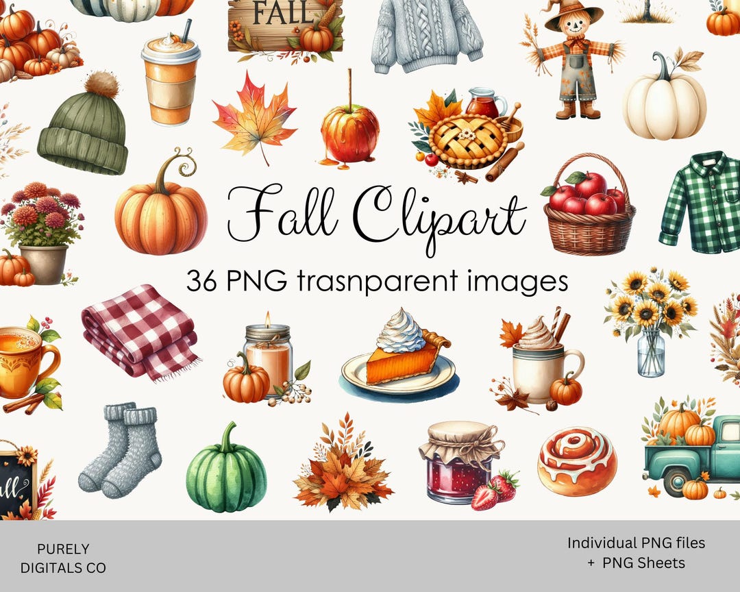Cute Fall Clipart, Watercolor Png Images, Autumn Digital Clip Art, Fall ...
