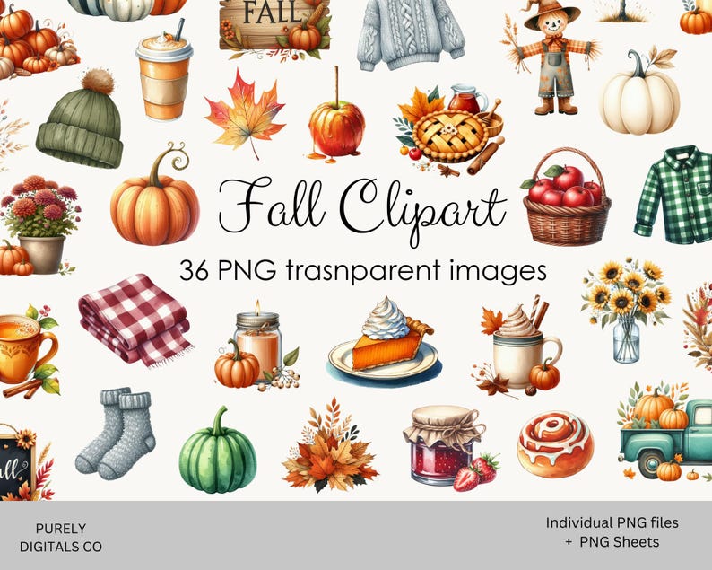 Cute Fall Clipart, Watercolor Png Images, Autumn Digital Clip Art, Fall ...
