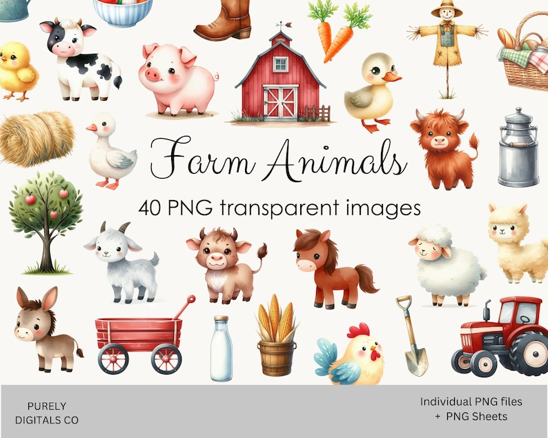Cute Farm Animal Clipart, Watercolor Png Images, Barnyard Digital Clip ...