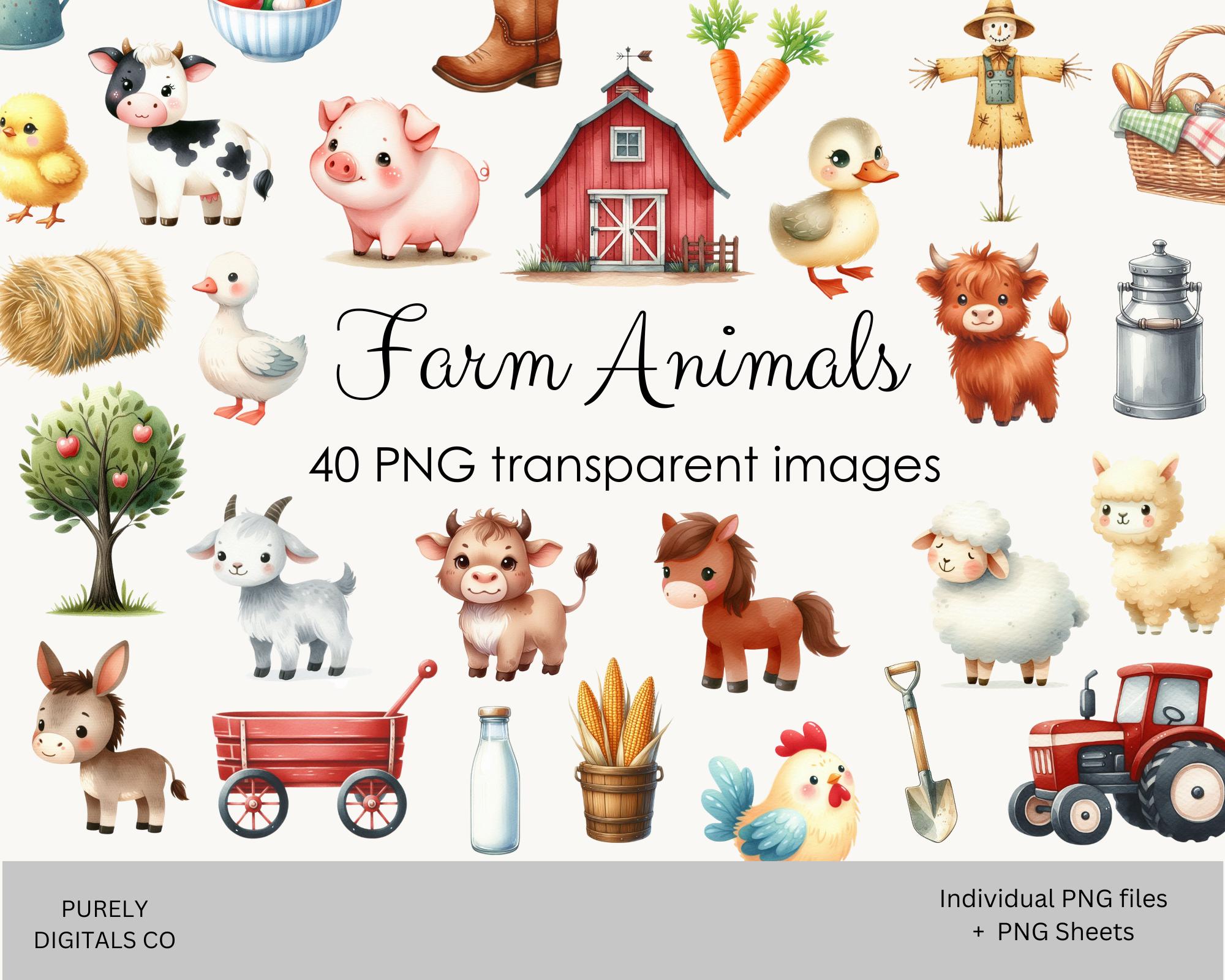 Cute Farm Animal Clipart, Watercolor Png Images, Barnyard Digital Clip ...