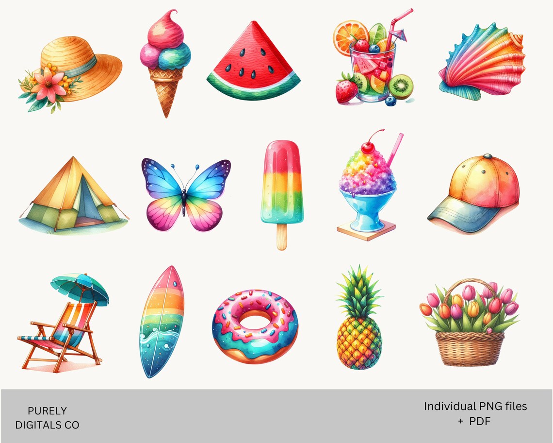 Summer Watercolor Clipart, Seasonal Digital Stickers, Scrapbooking ...