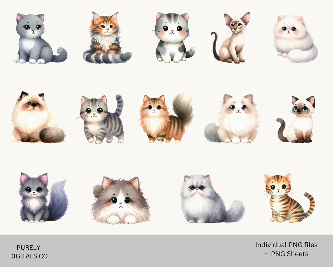 Cat Breeds Clipart, Cute Watercolor Png Images, Kitten Digital Stickers ...
