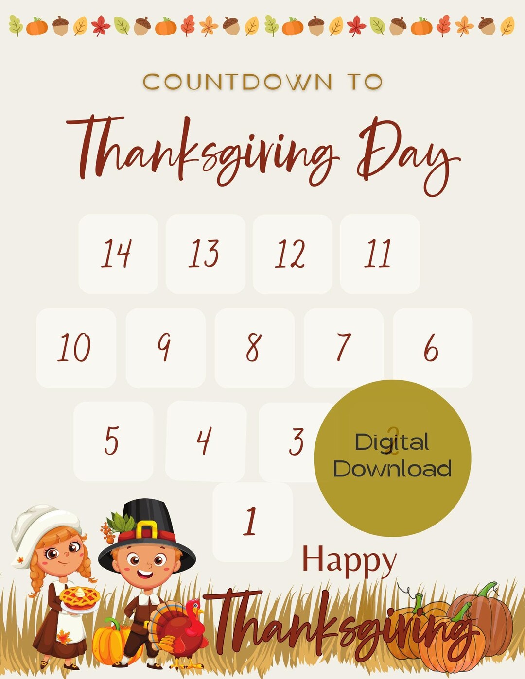 Thanksgiving Pilgrim Countdown Calendar, Kids Calendar, Instant Digital ...