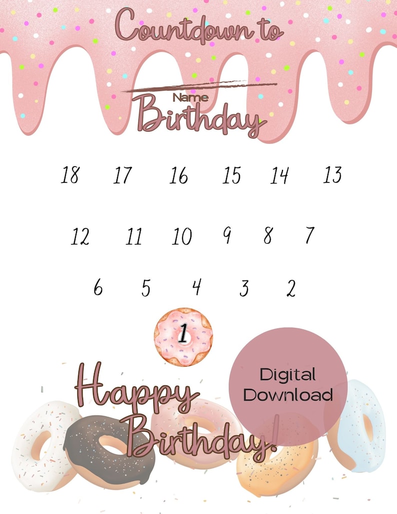 Pink Donut Birthday Countdown, Days Until Birthday Countdown, Instant ...