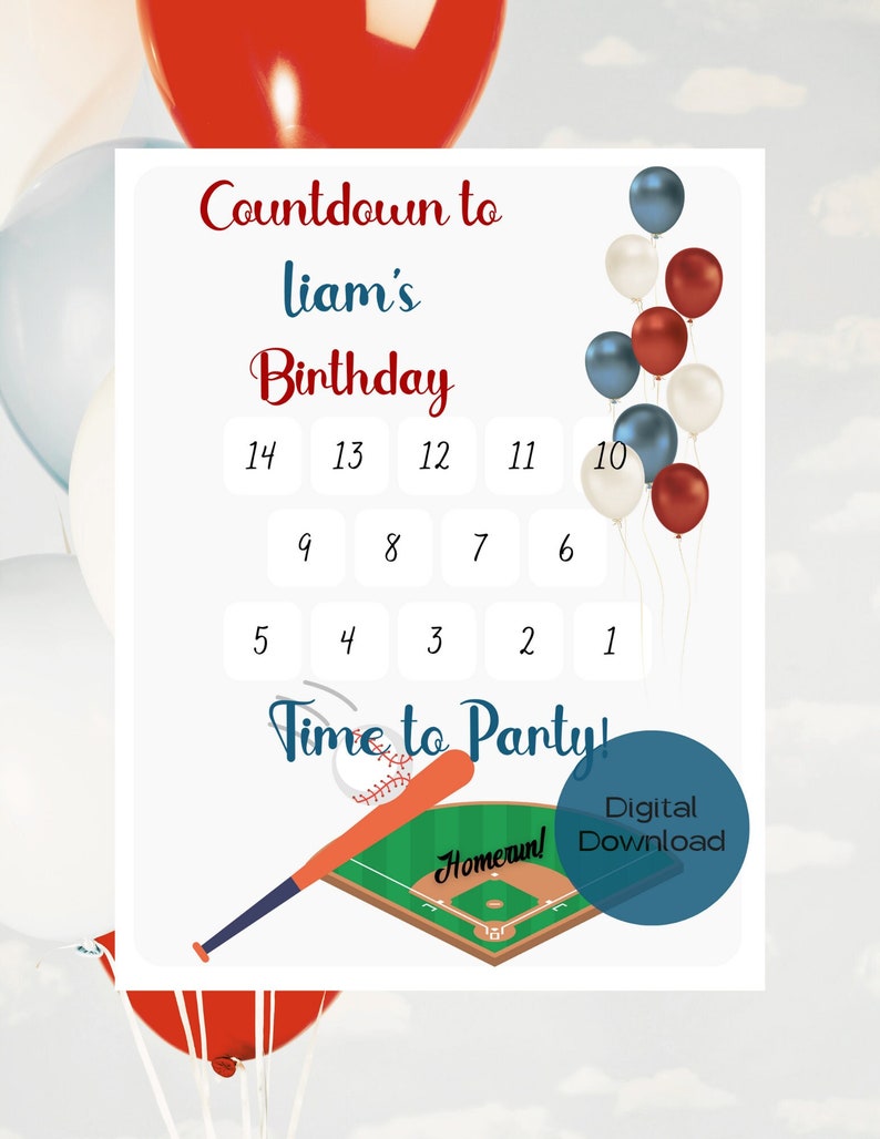 Birthday Countdown, Kids Baseball Birthday Theme, Days Until Birthday ...