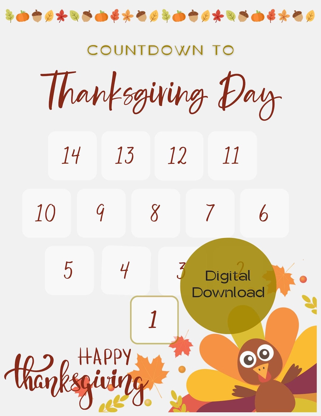 Thanksgiving Turkey Countdown Calendar, Kids Calendar, Countdown to ...