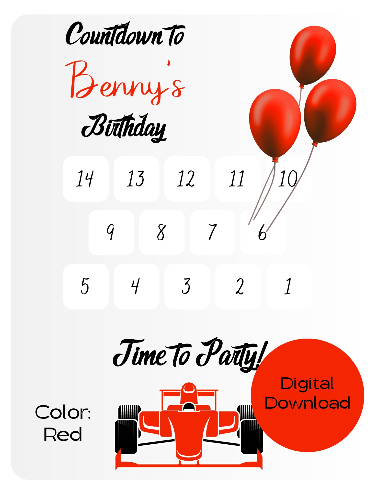 Birthday Countdown, Kids Race Car Birthday Theme, Days Until Birthday ...