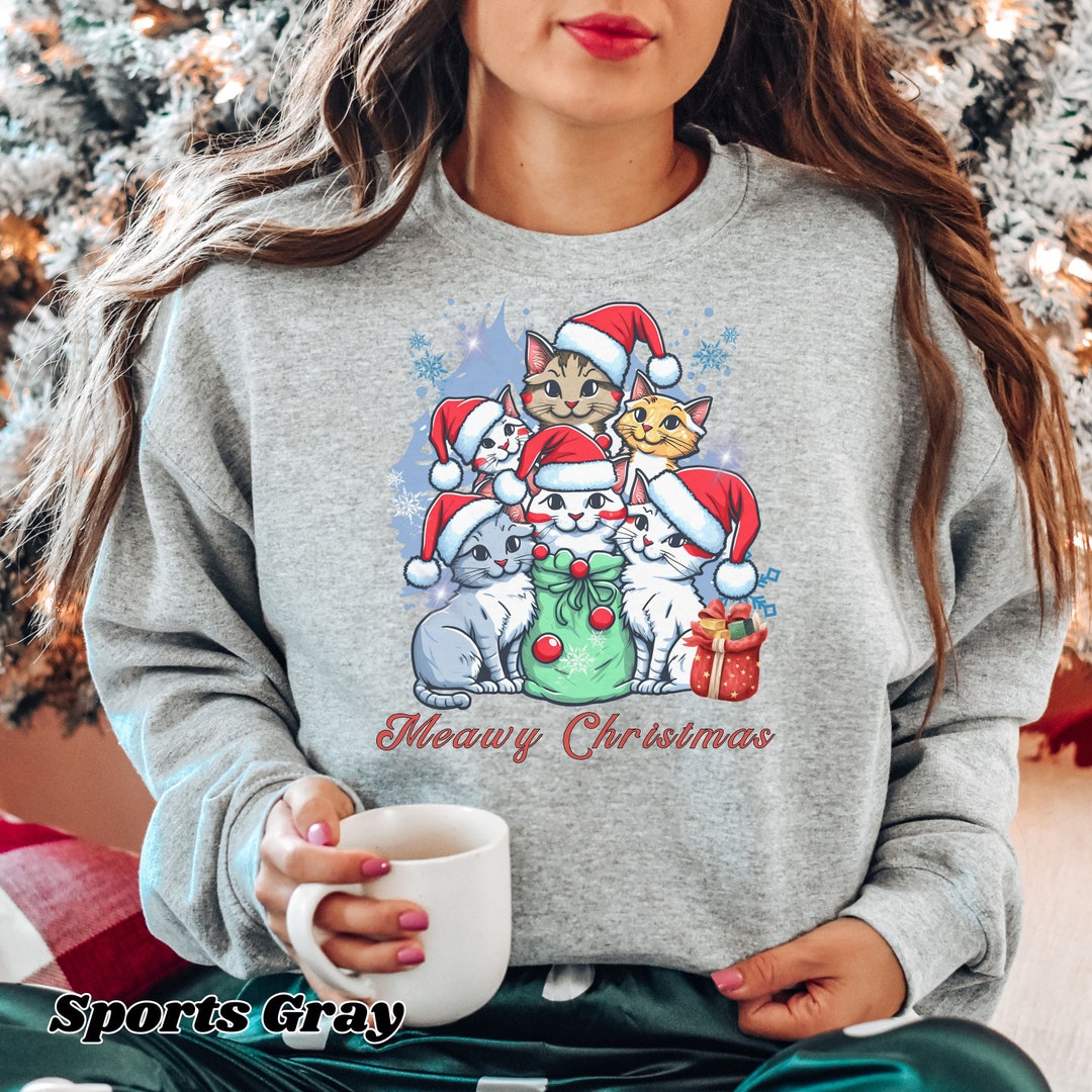 Cat Meawy Christmas Vintage Holiday Apparel, Christmas Women Sweatshirts, Christmas Gift, Cat ...