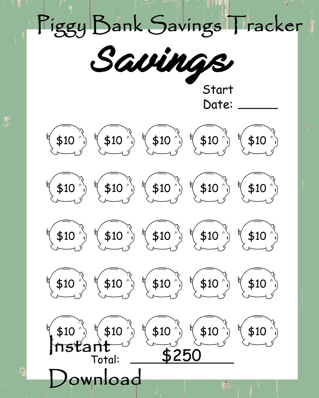Money Piggy Bank Savings Challenge Printable Worksheet- Save 250 ...