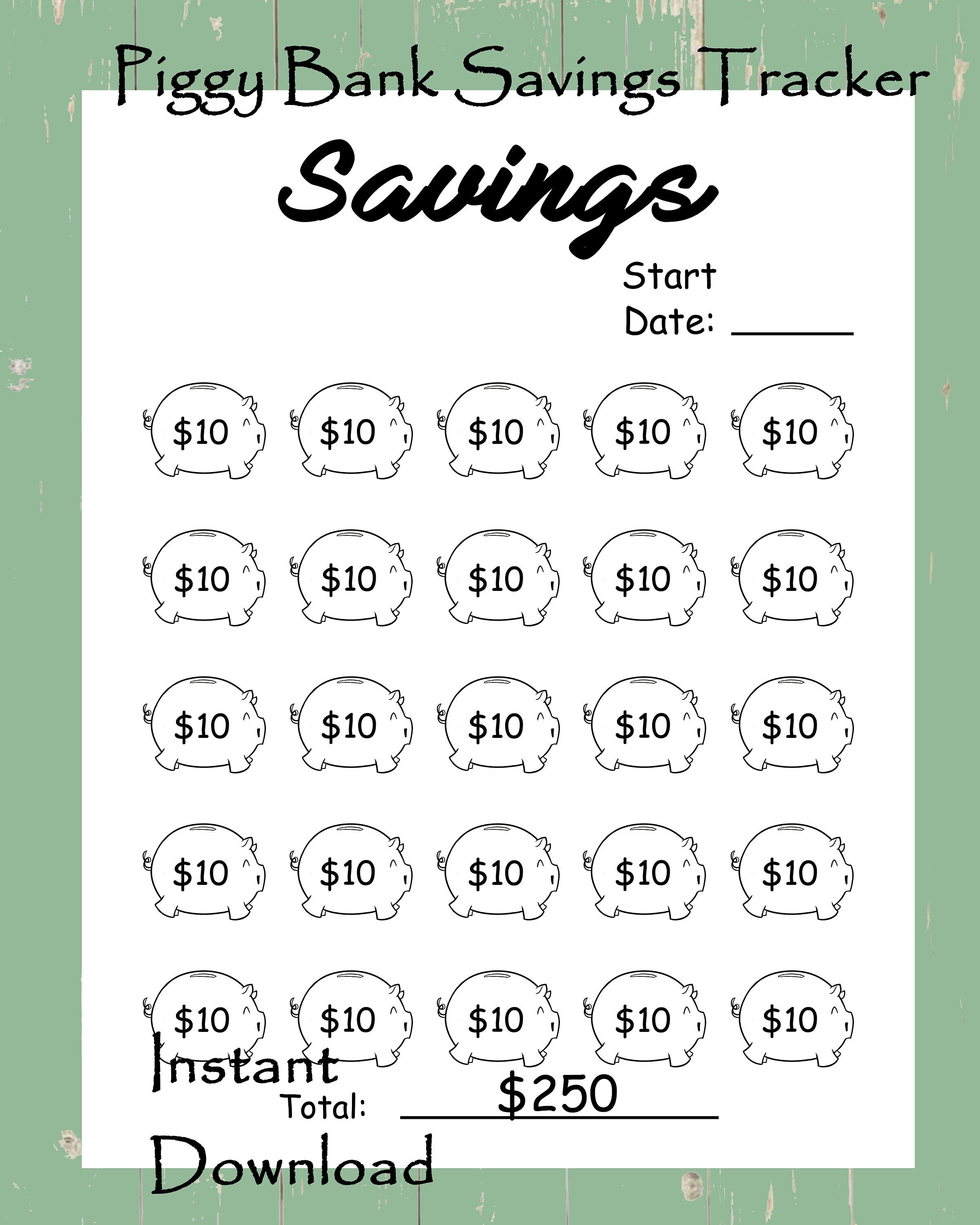 Money Piggy Bank Savings Challenge Printable Worksheet Save 250 Savings ...