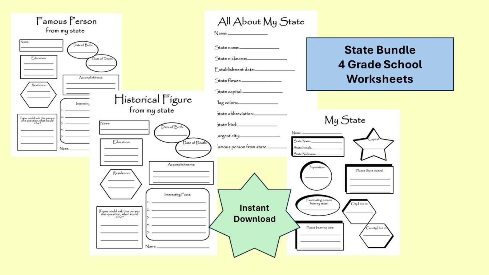 Grade School State Worksheet Printable Bundle, State Study Worksheets ...