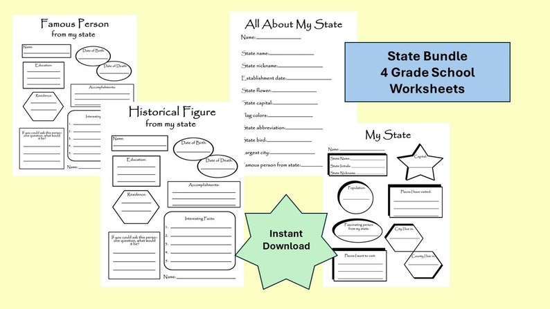 Grade School State Worksheet Printable Bundle, State Study Worksheets ...