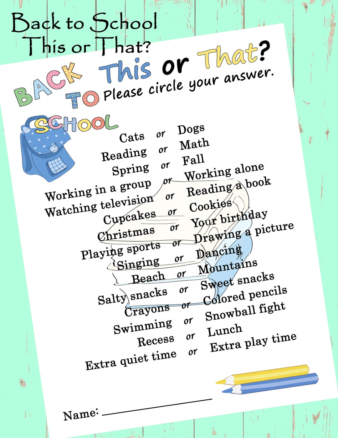 Back to School 'this or That' Game: Classroom Worksheet (digital File ...