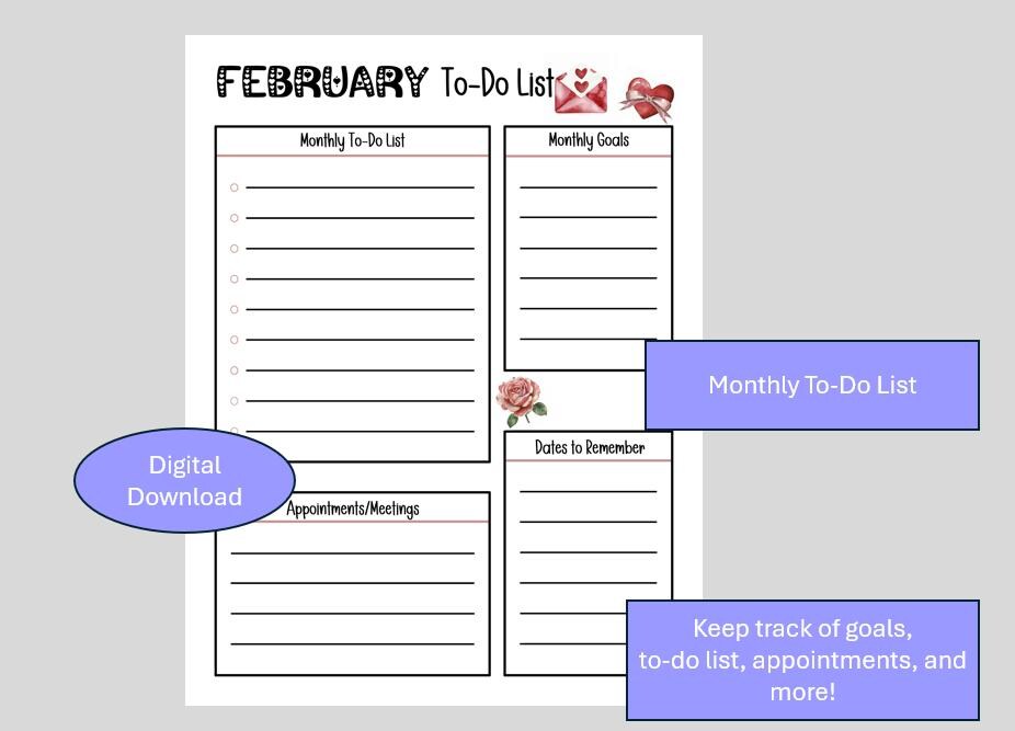 Printable February To-do List - Monthly To-do List - Valentine's To-do ...