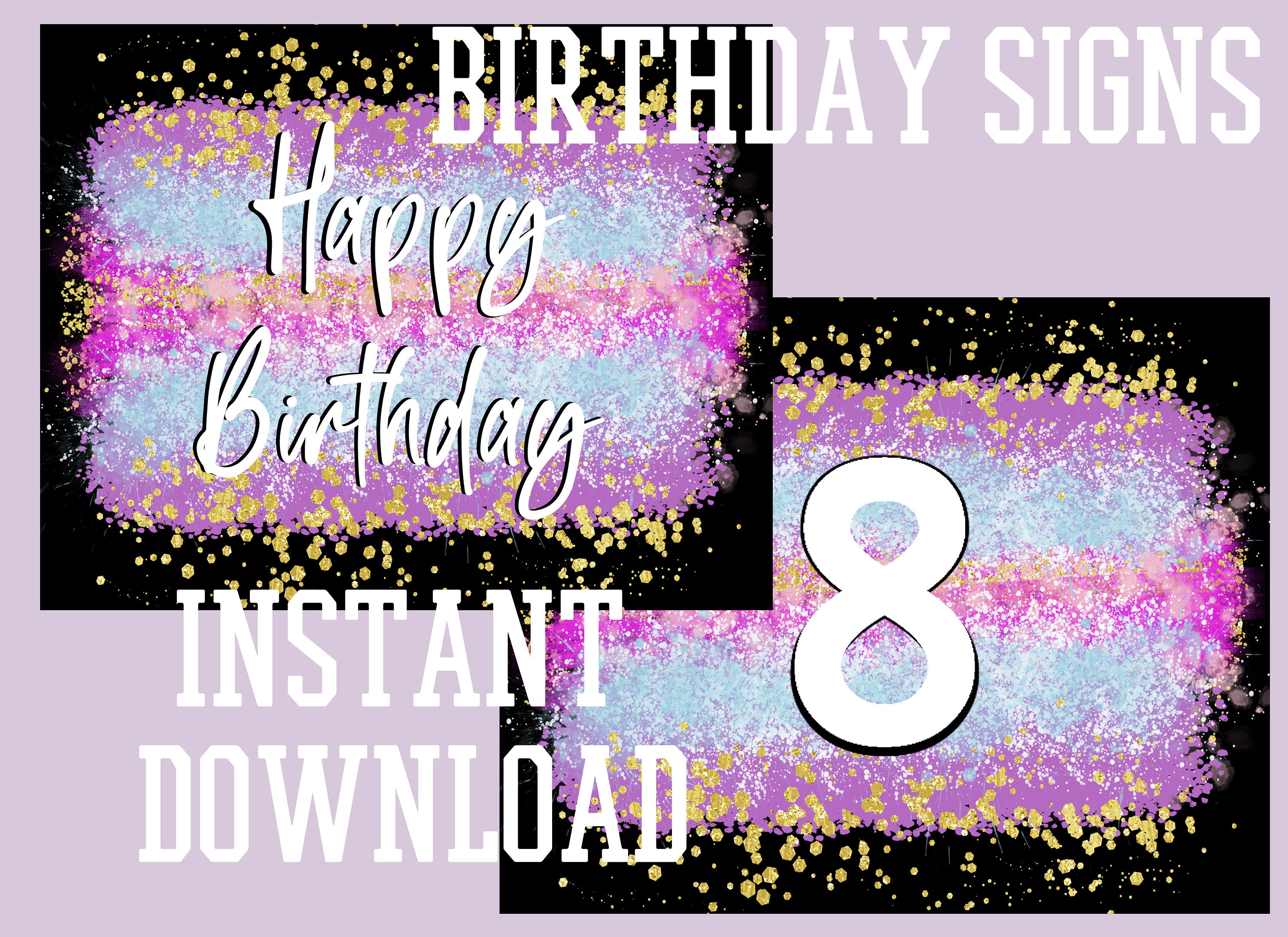 Sparkly Birthday Sign Printable Bundle, Happy Birthday Sign, Number 8 ...