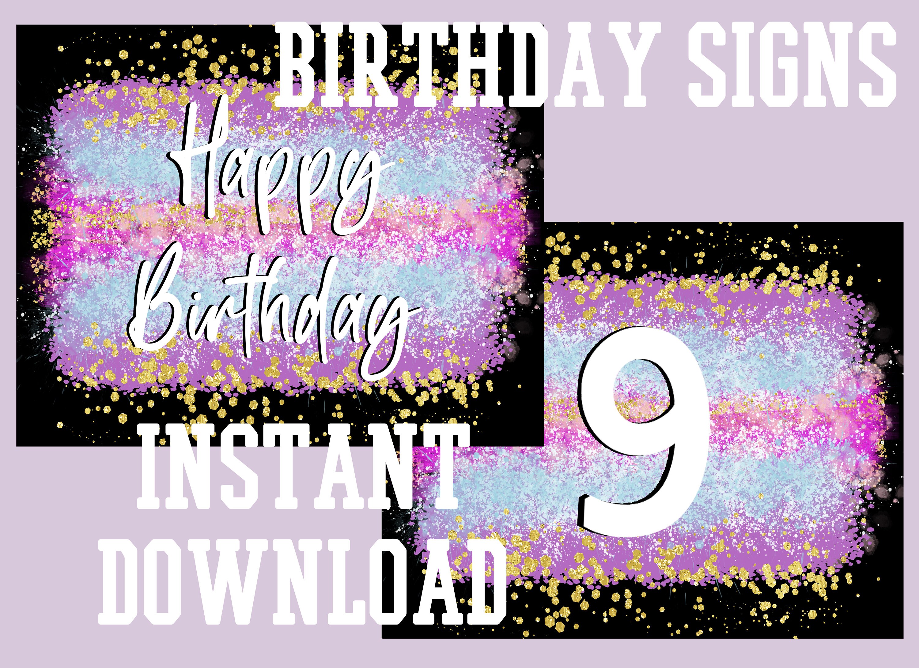 Sparkly Birthday Sign Printable Bundle, Happy Birthday Sign, Number 9 ...