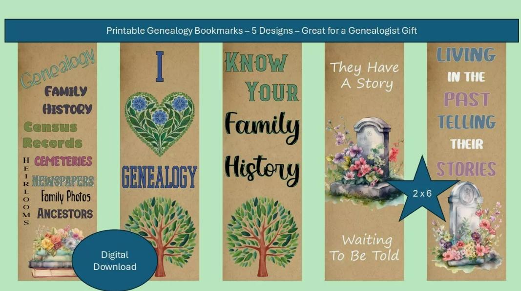 Printable Genealogy Bookmarks 5 Designs Genealogy Gifts Digital ...