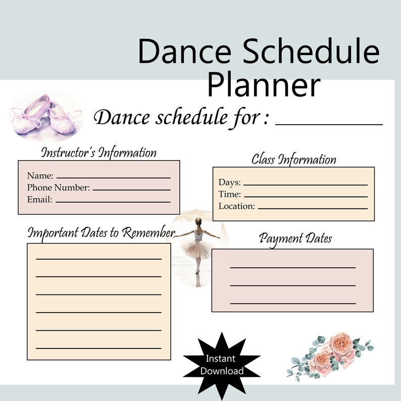 Dance Schedule Planner Printable Template, Ballet and Tap Class Planner ...