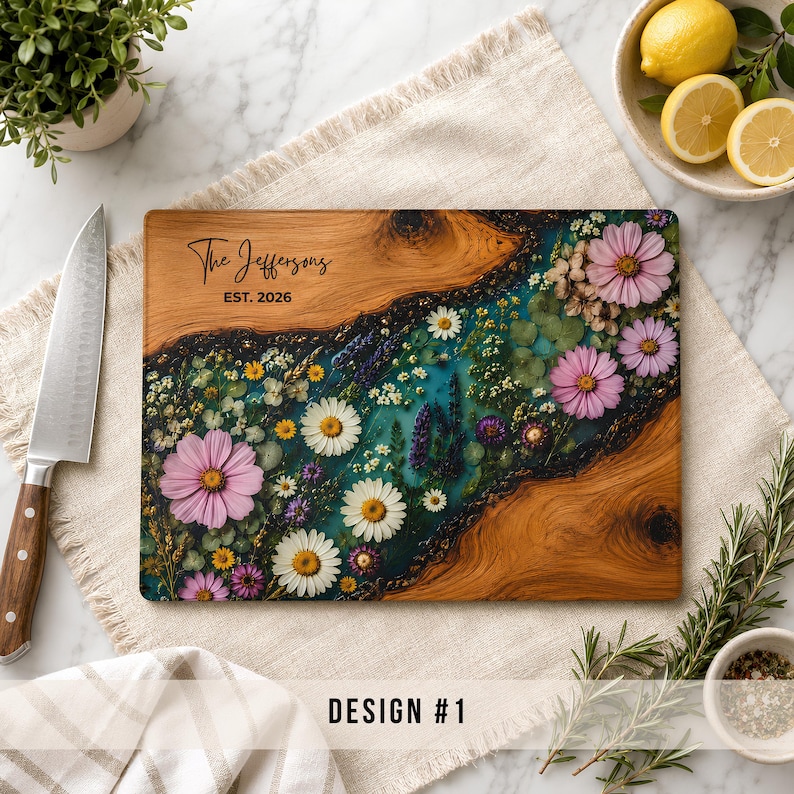 Family Name Cutting Board, Personalized Daisy Floral Glass Board ...