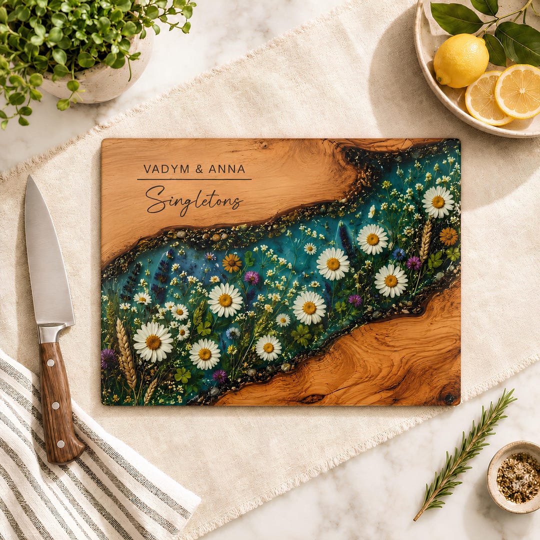 Personalized Wood Cutting Board, Daisy Wildflower Glass Serving Board ...