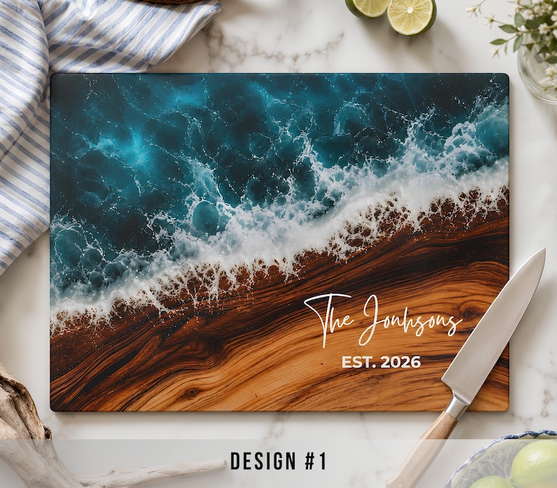Personalized Glass Cutting Board | Custom Ocean Wave Charcuterie Board ...