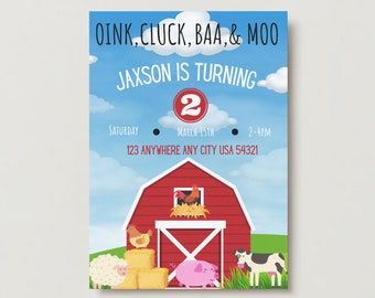 Boys Red Barn Birthday Party Invitation, Oink Cluck Baa Moo, Second ...