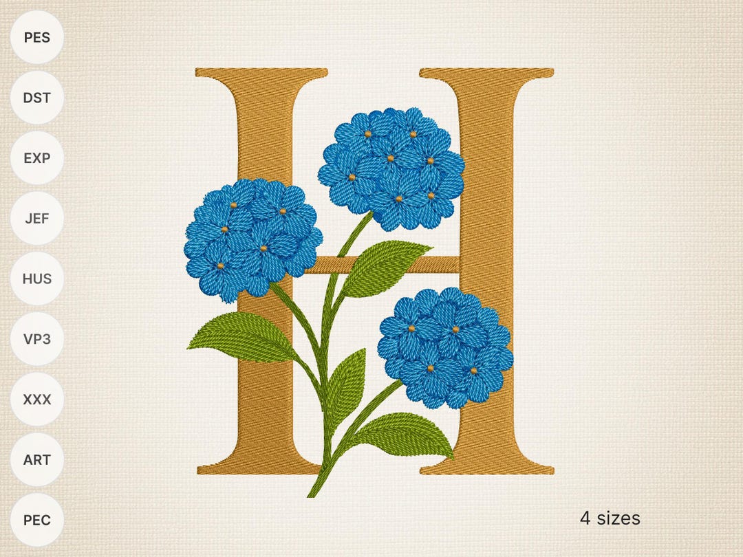 Capital Letter H - Hydrangea Monogram – Floral Embroidery Design ...